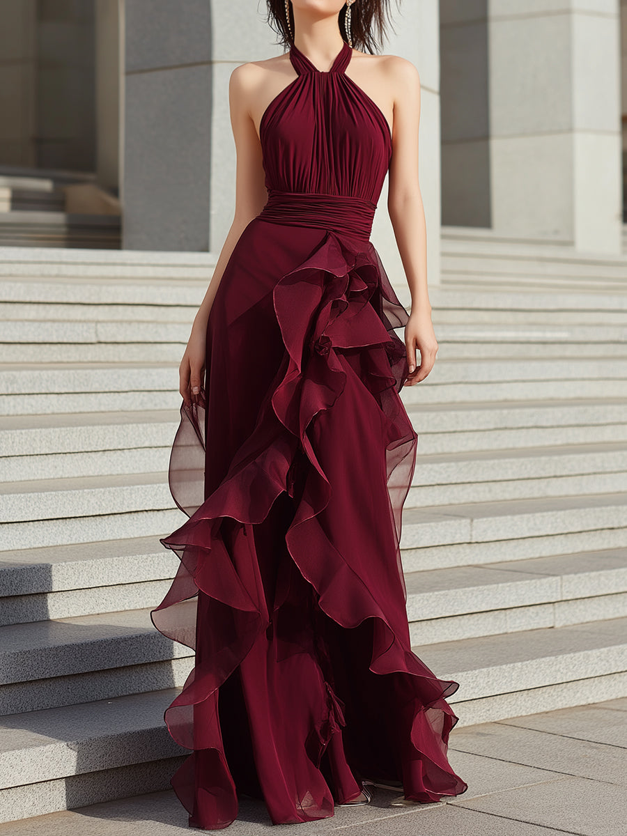 Elegant Halter Neck Evening Gown With Draped Design – Mooyius