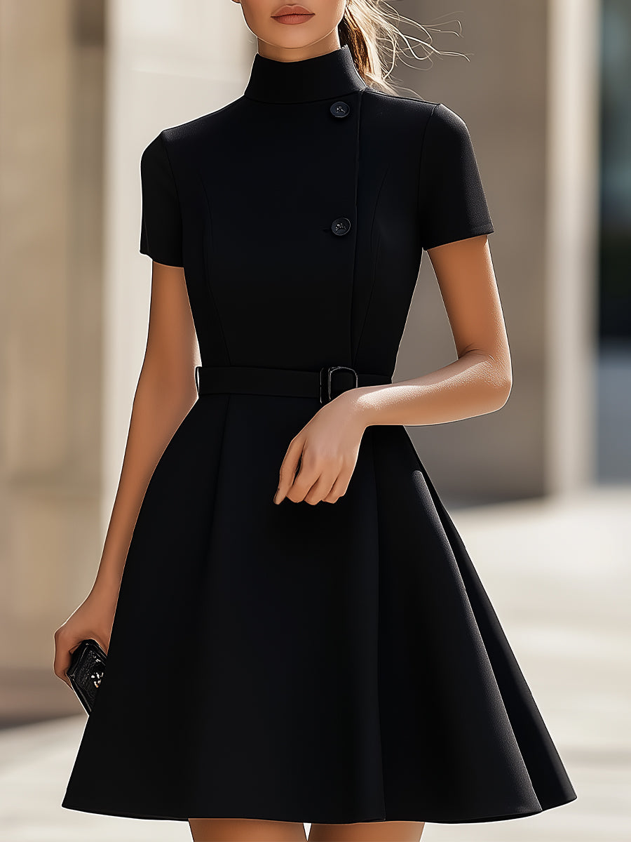 Elegant Black High-Neck Dress with Belted Waist – Mooyius