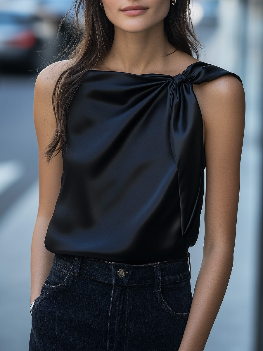 Chic One-Shoulder Black Satin Top – Mooyius