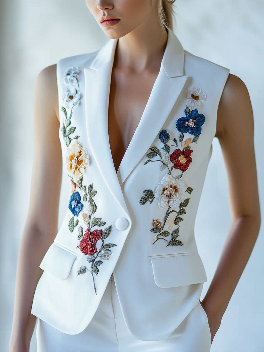 Sleeveless Blazer with Multicolor Floral Embroidery – Mooyius