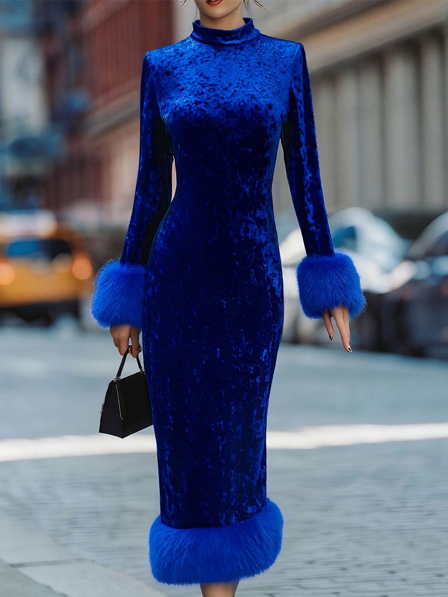 Glamorous Royal Blue Velvet Dress With Feather Trims – Mooyius