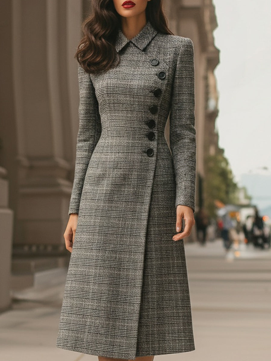 Elegant Plaid Asymmetric Button - Front Midi Dress – Mooyius
