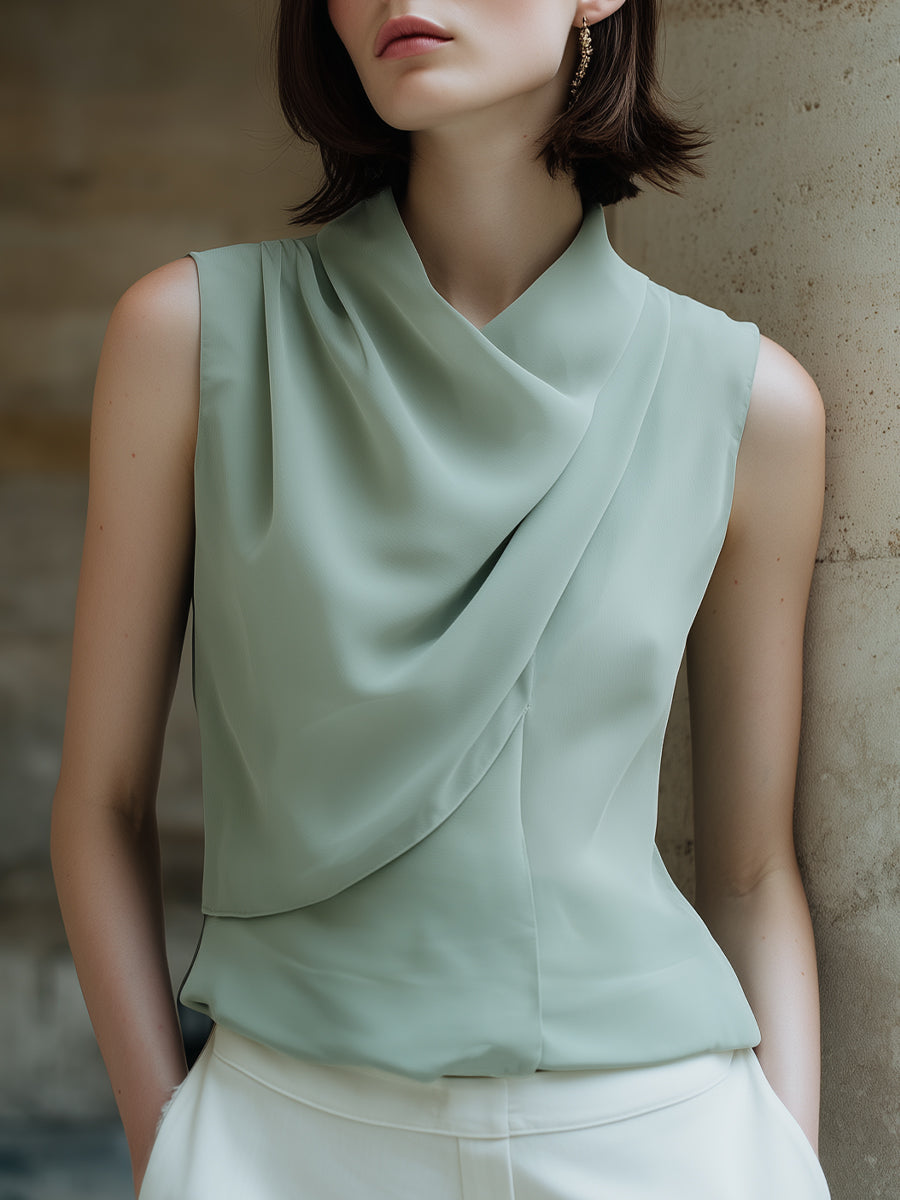 Draped Sleeveless Asymmetric Neckline Tailored Top – Mooyius