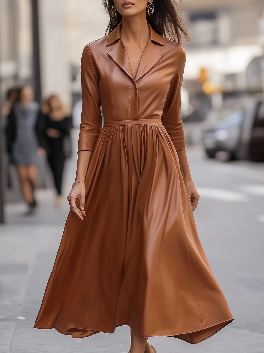 Caramel Faux Leather A-Line Midi Dress – Mooyius