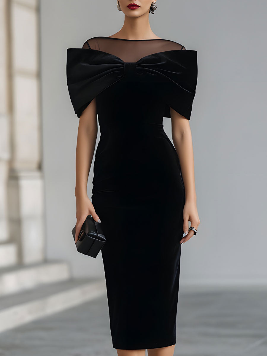 Dramatic Black Velvet Bow Midi Dress – Mooyius