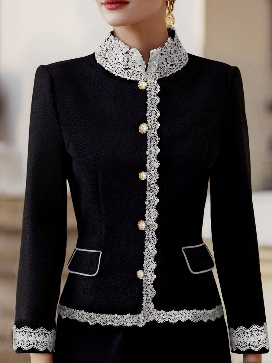 Elegant Pearl Button Blazer With Contrast Lace Trim – Mooyius