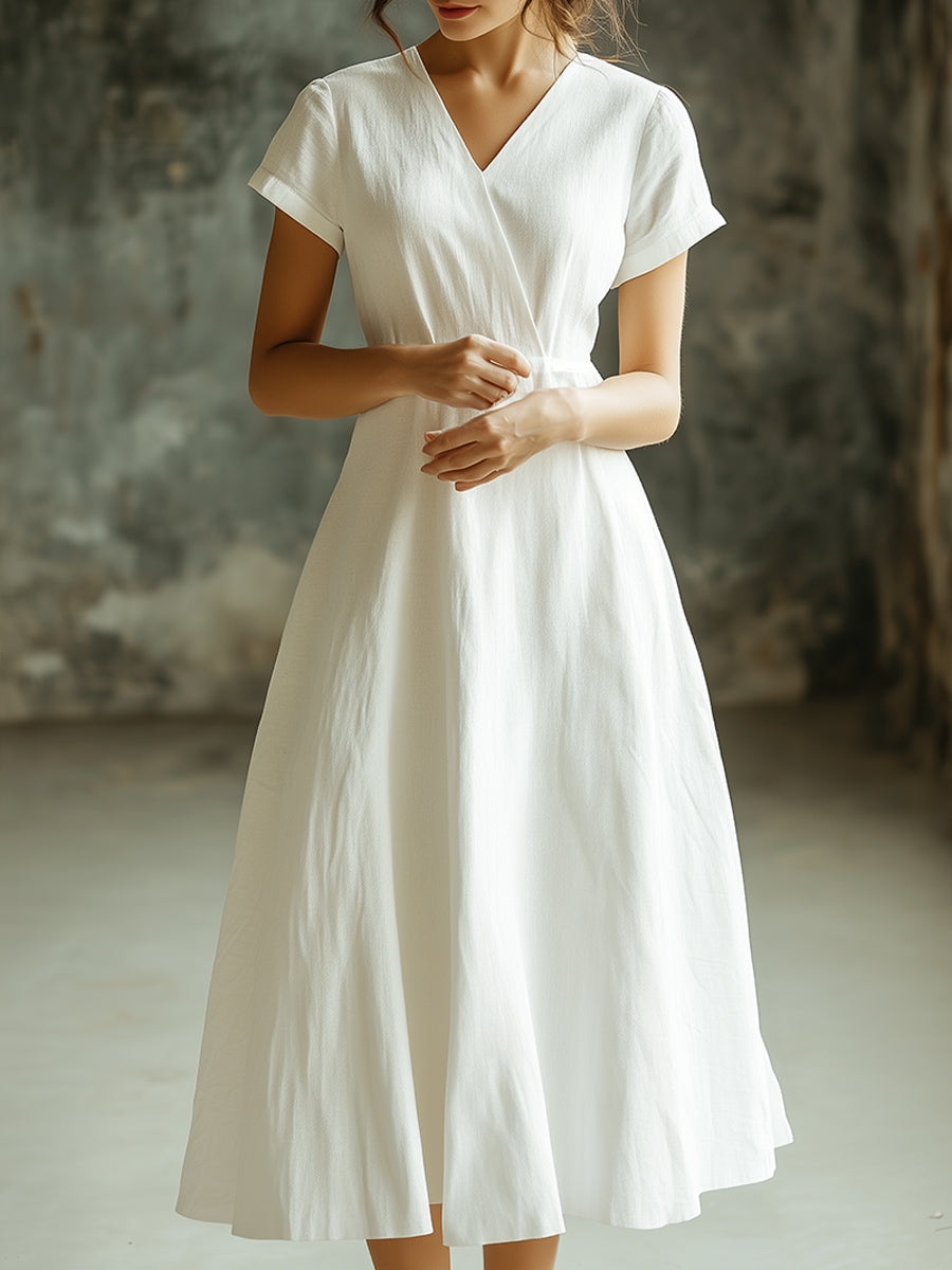 White Cotton-Linen Wrap Midi Dress With Short Sleeves – Mooyius