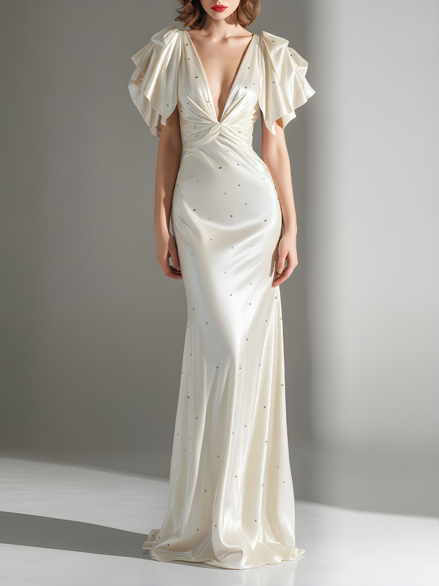 Ivory Crystal-Dot Gown With Ruffled Butterfly Sleeves And Deep-V Bodic ...