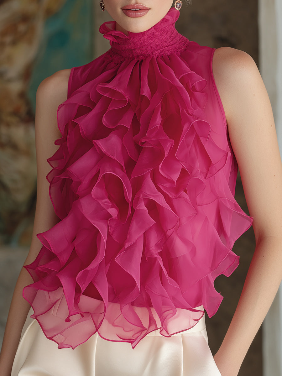 Ruffled High-Neck Sleeveless Chiffon Blouse – Mooyius