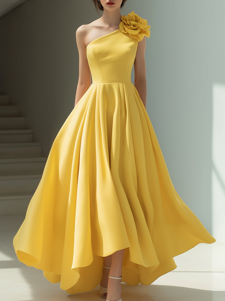 Yellow One-Shoulder Floral-Embellished Midi Dress – Mooyius