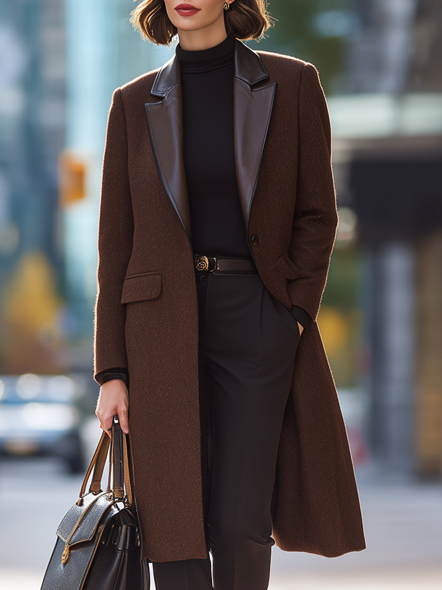 Chocolate Wool Coat With Faux Leather Lapels – Mooyius