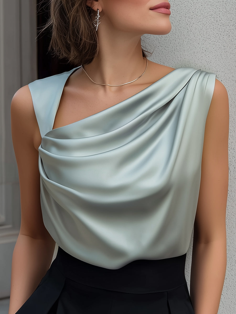 Elegant Sleeveless Satin Draped Neck Blouse – Mooyius