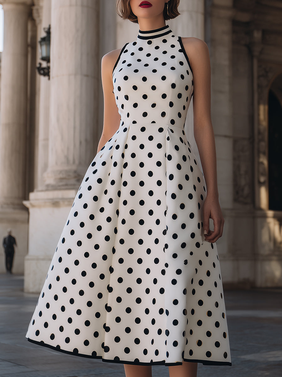 Elegant Polka Dot Halter Neck A-Line Midi Dress – Mooyius