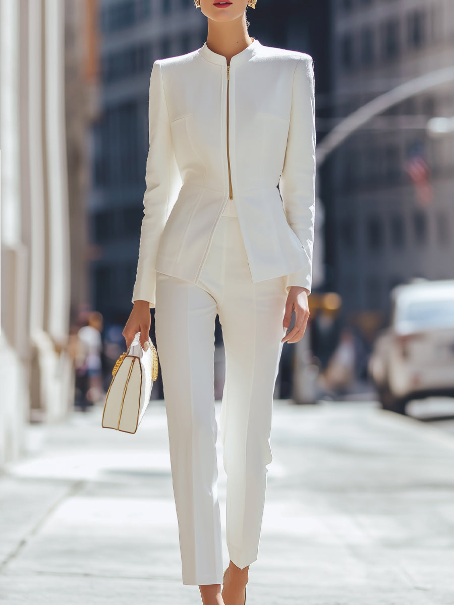 Minimalist White Structured Blazer & Slim-Fit Trousers Set – Mooyius