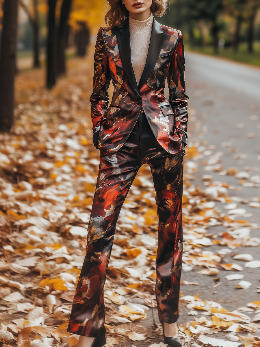 Vibrant Autumn Hues Satin Suit with Abstract Patterns – Mooyius