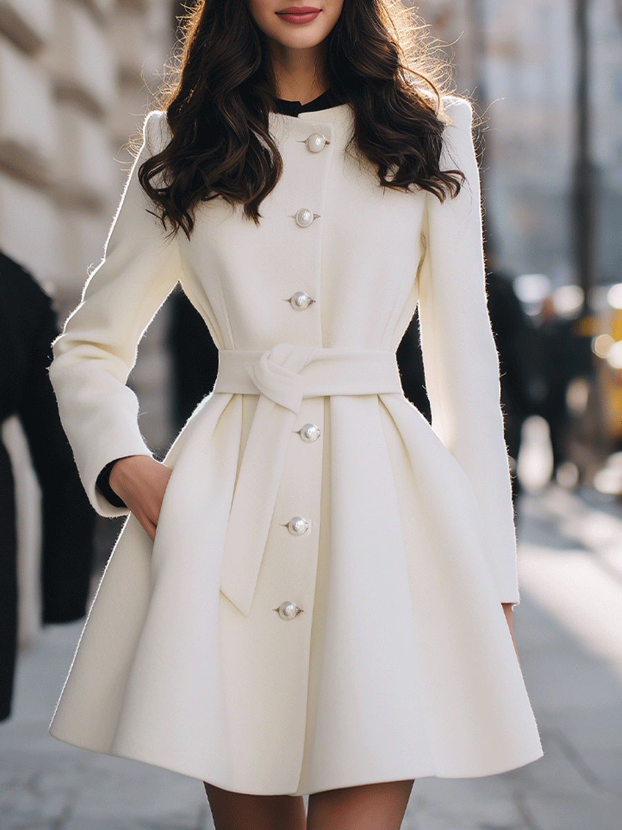 Ivory Short Coat With Pearl Button Detailing And Waist Tie – Mooyius