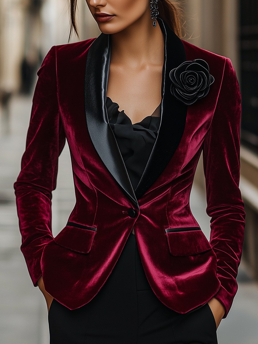 Burgundy Velvet Blazer with Satin Lapels and Black Rose Detail – Mooyius