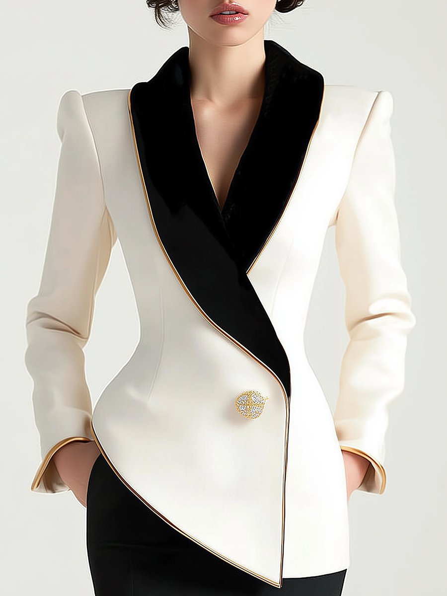 Elegant Asymmetrical White Blazer with Black Contrast Lapels – Mooyius