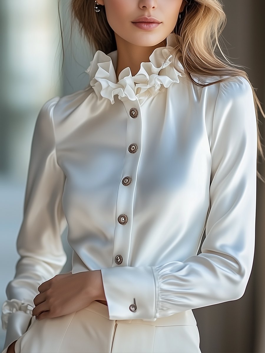 Classic Satin Blouse with Ornate Button and Ruffled Collar Detail – Mooyius