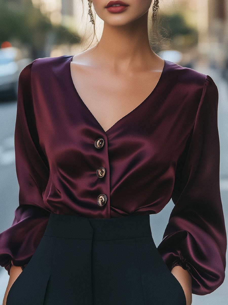 Burgundy Satin Blouse with Gold Button Details – Mooyius