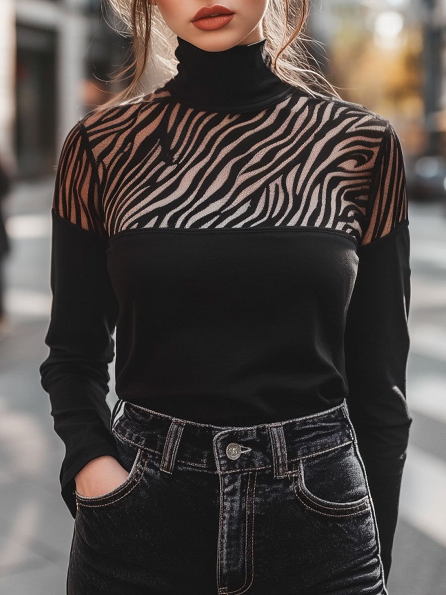 Chic Zebra Mesh Mock Neck Top – Mooyius