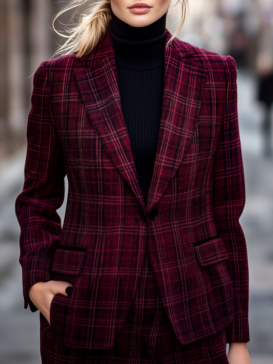 Classic Red Plaid Wool Blazer with Tailored Fit – Mooyius
