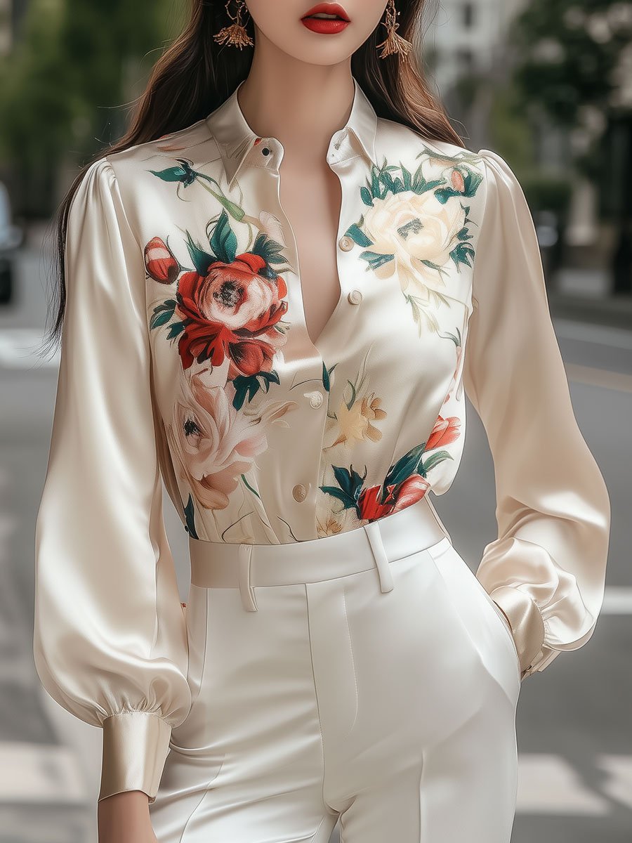 Cream Blossom Satin Blouse – Mooyius