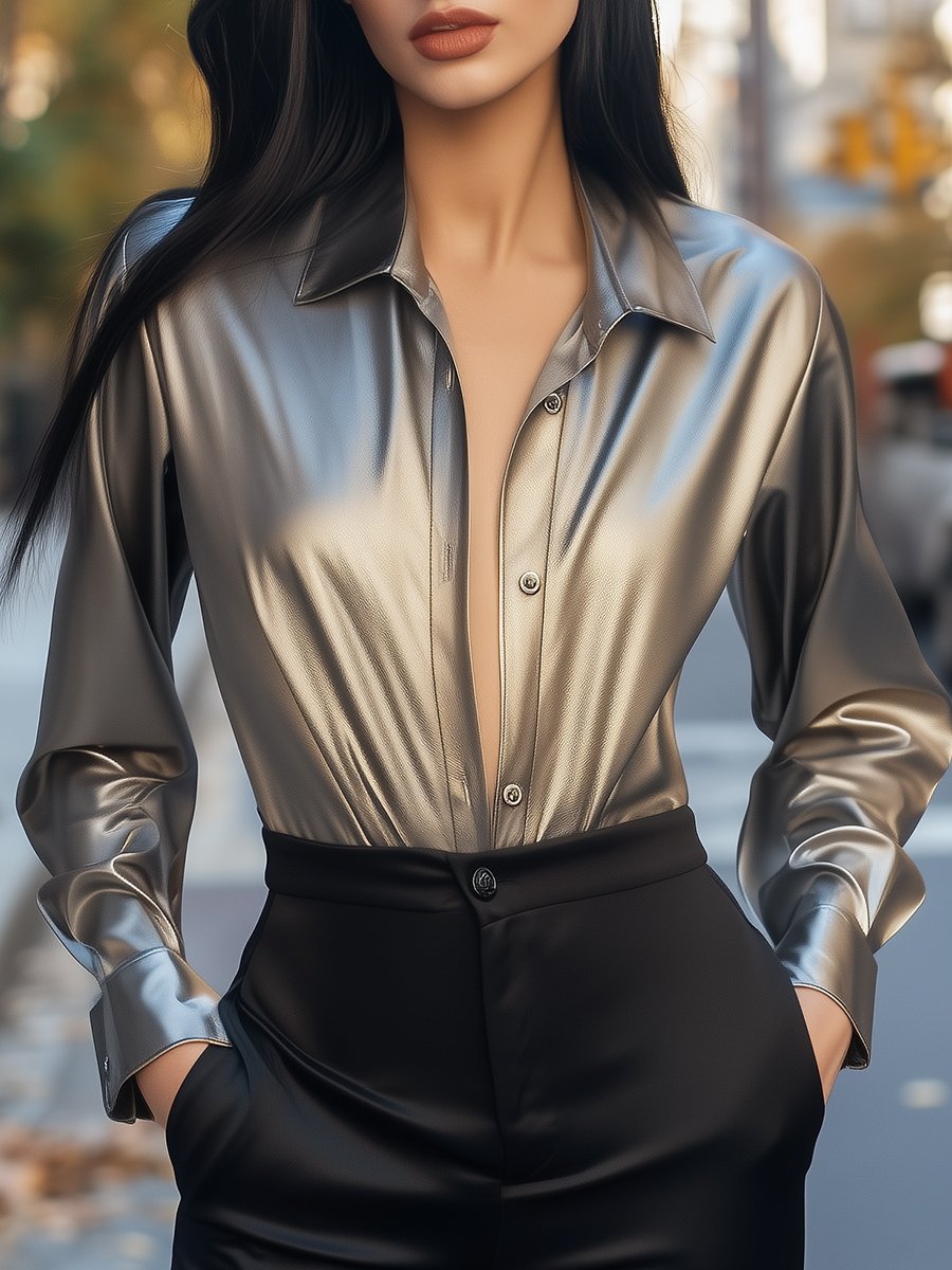 Metallic Silver Leather Blouse with Button-Down Design – Mooyius