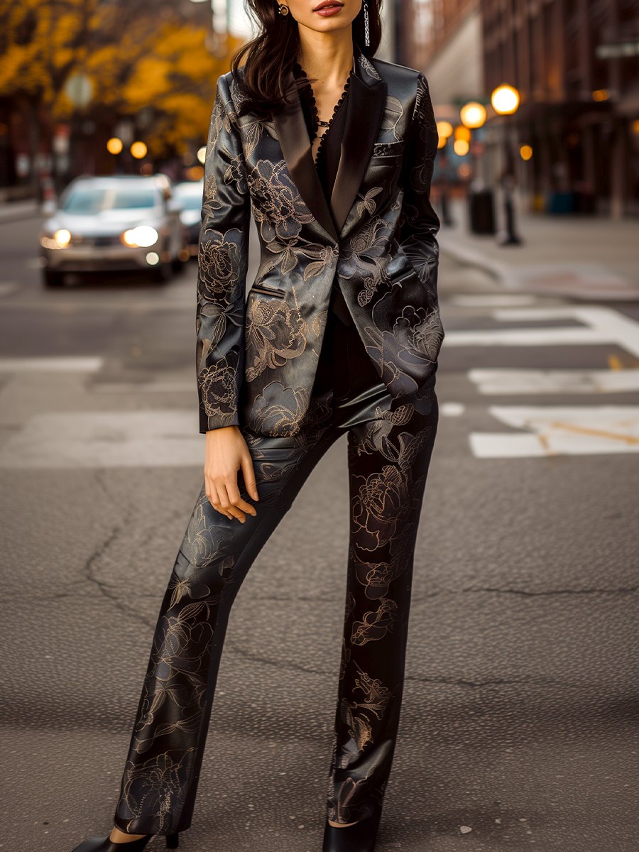 Elegant Rose Gold Jacquard Suit for Fall – Mooyius