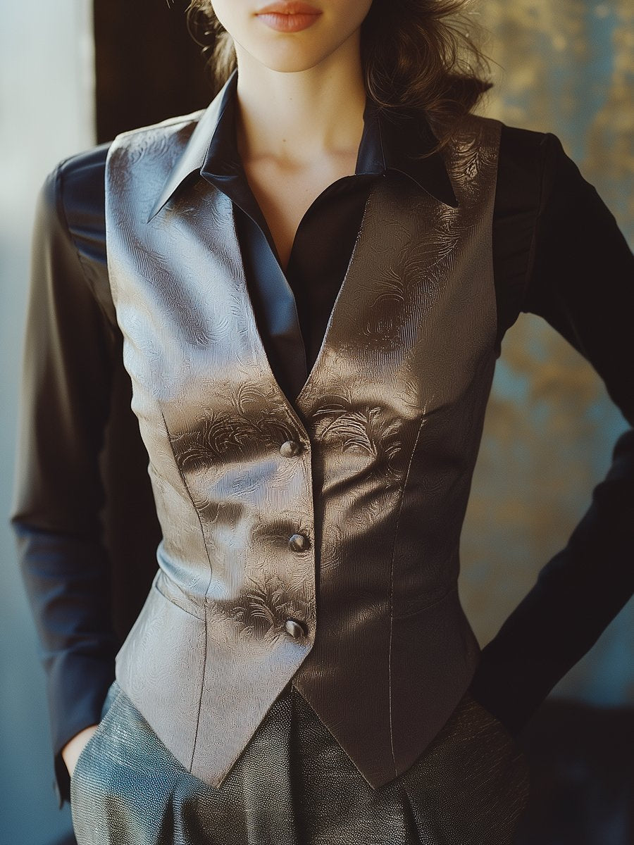 Metallic Satin Jacquard Vest with Subtle Floral Texture – Mooyius