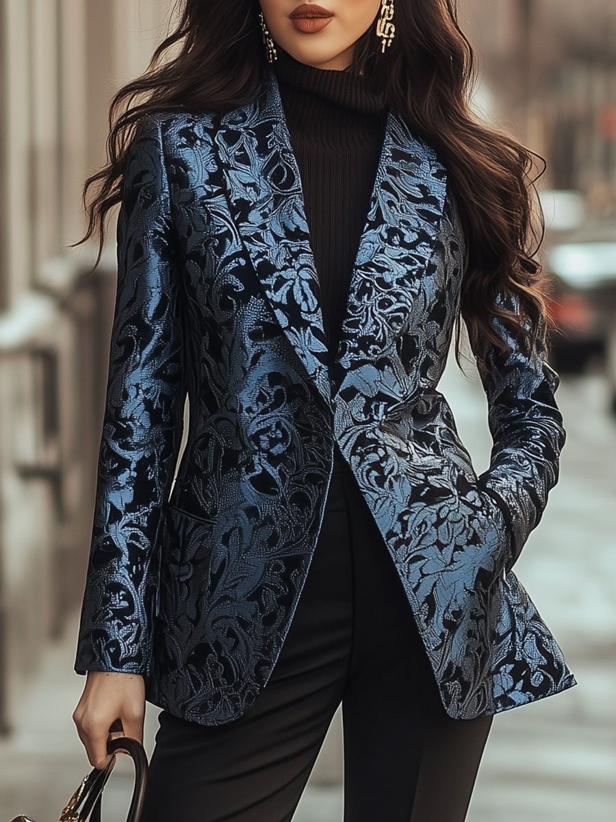 Elegant Blue Brocade Jacquard Blazer with Intricate Patterns – Mooyius