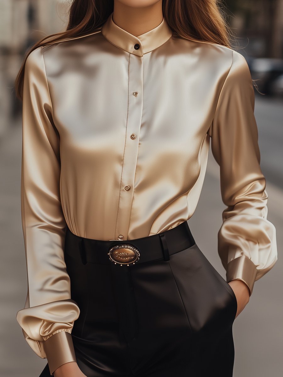 Champagne Gold Satin Blouse with Sophisticated Mandarin Collar – Mooyius