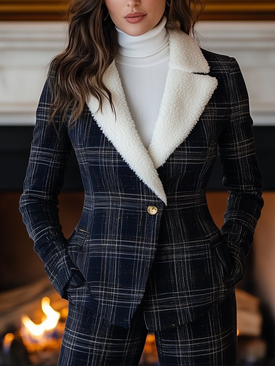 Navy Check Blazer with Shearling Collar – Mooyius