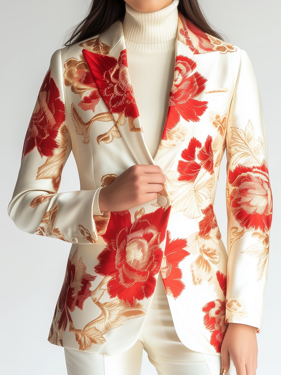 Ivory Satin Blazer with Red and Gold Statement Florals – Mooyius
