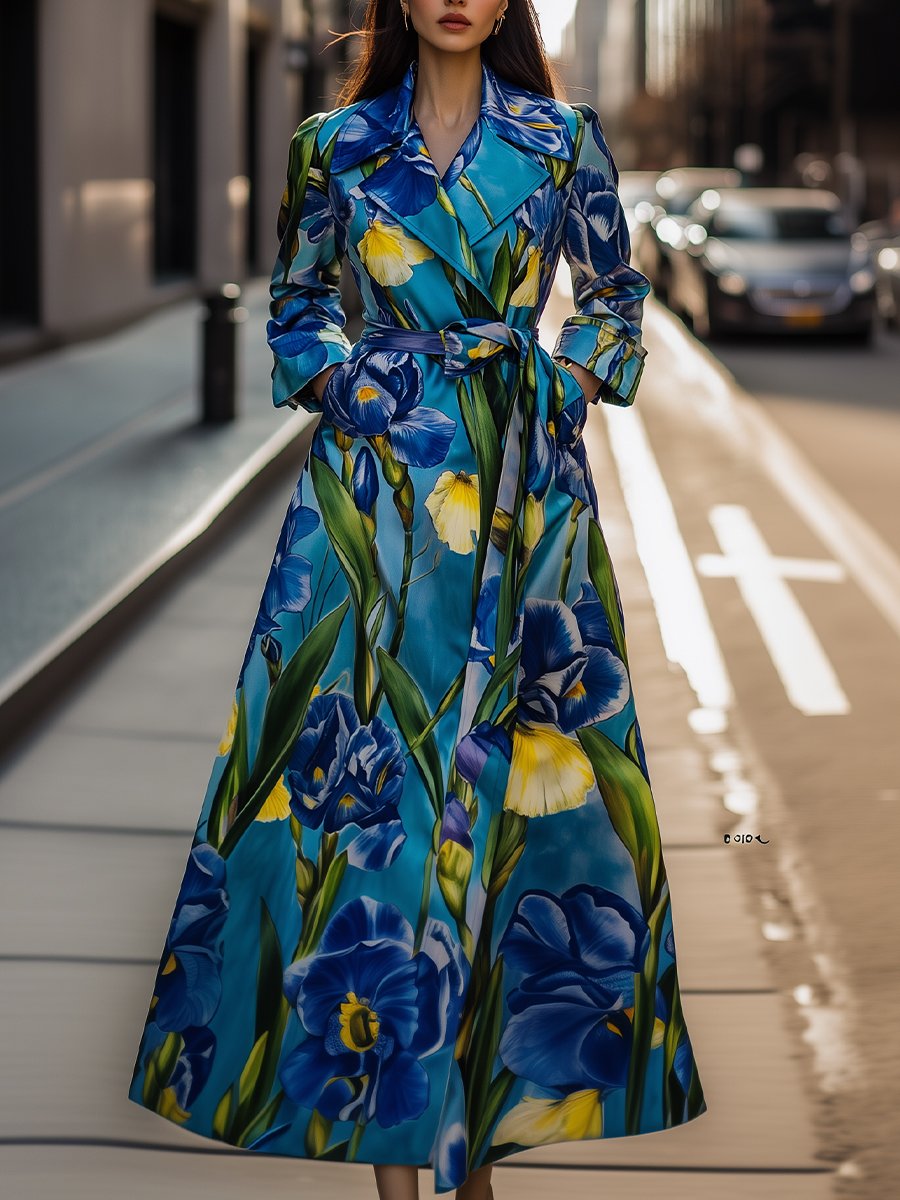 Elegant Satin Trench Coat Featuring Van Gogh Iris Print – Mooyius