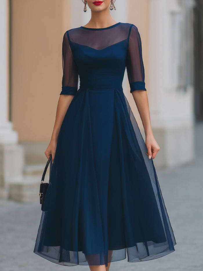 Navy Blue Sheer Overlay Fit-and-Flare Midi Dress – Mooyius